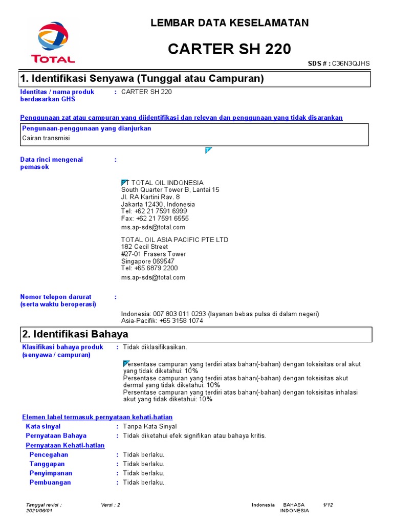 MSDS TOTAL CARTER SH 220 - Indonesian - 20210601 | PDF