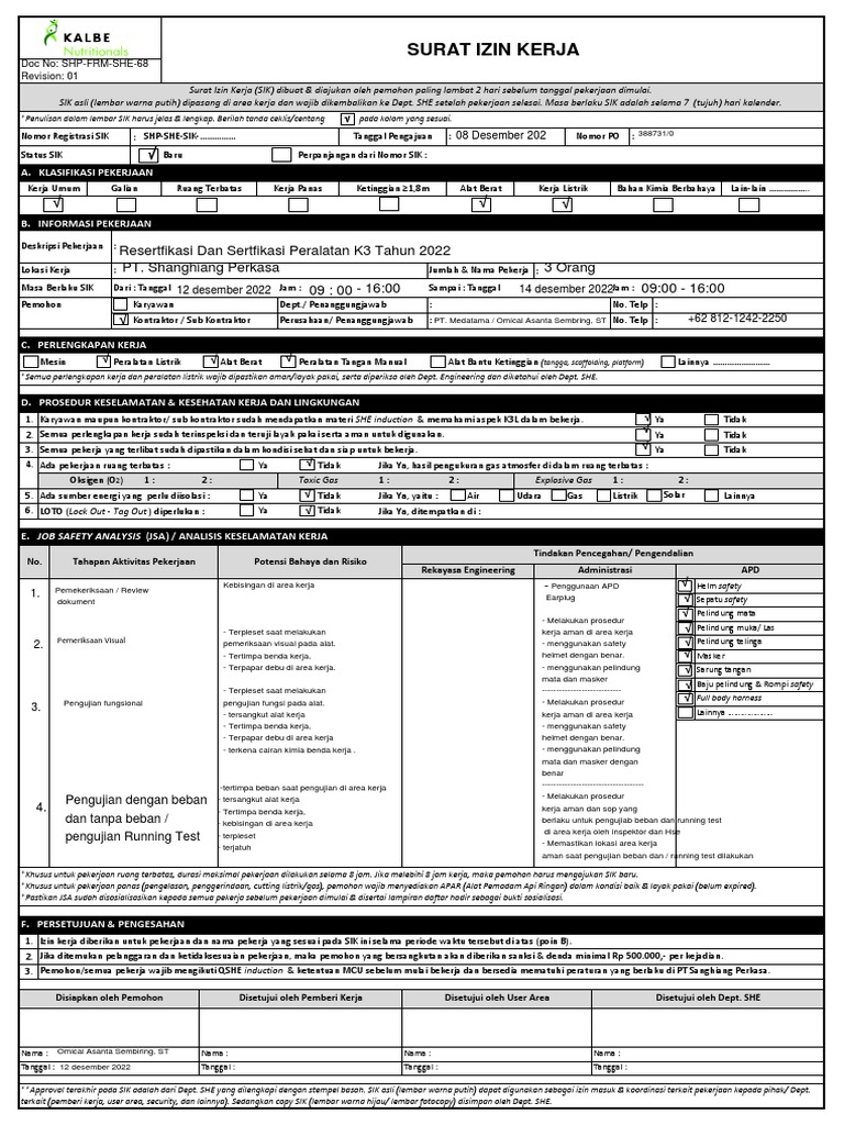 Kalbe Morinaga SIK Surat Ijn Kerja | PDF