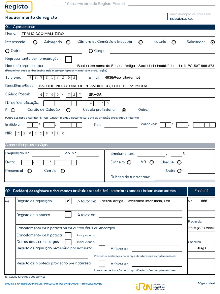 Modelo 1 Predial - Requerimento de Registo - 2 (Francisco) | PDF