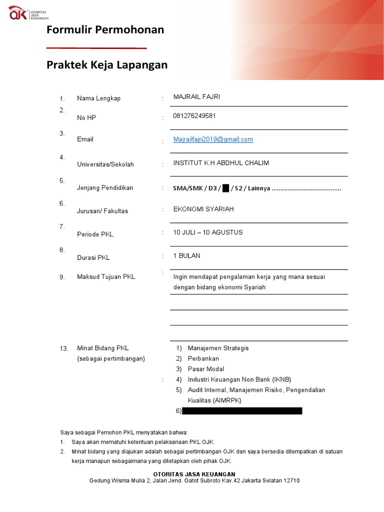 Formulir - Permohonan - PKL - Fajri | PDF