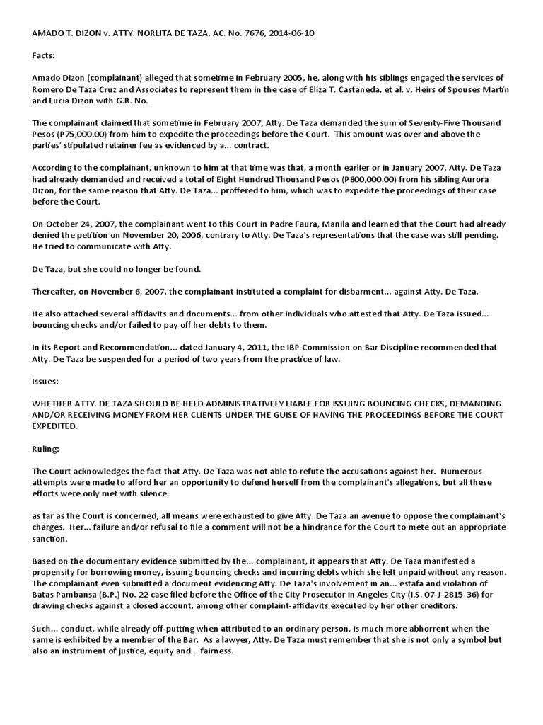 AMADO T. DIZON v. ATTY. NORLITA DE TAZA | PDF | Integrity | Justice