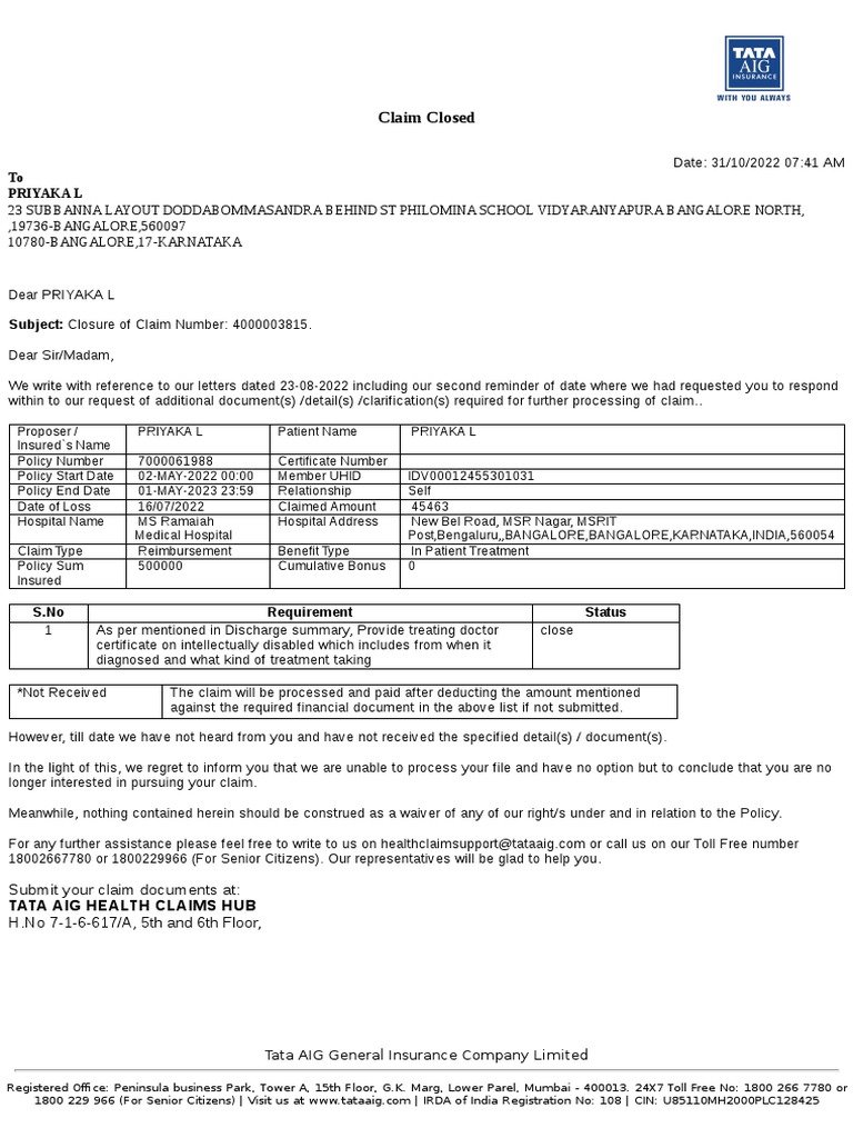 Reimbursement Claim Closed Without Payment | PDF | Medicine | Health Care