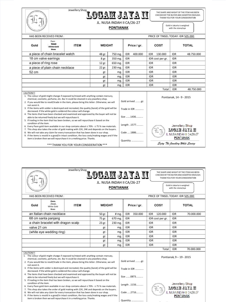 Kwitansi Toko Emas | PDF | Gold | Jewellery