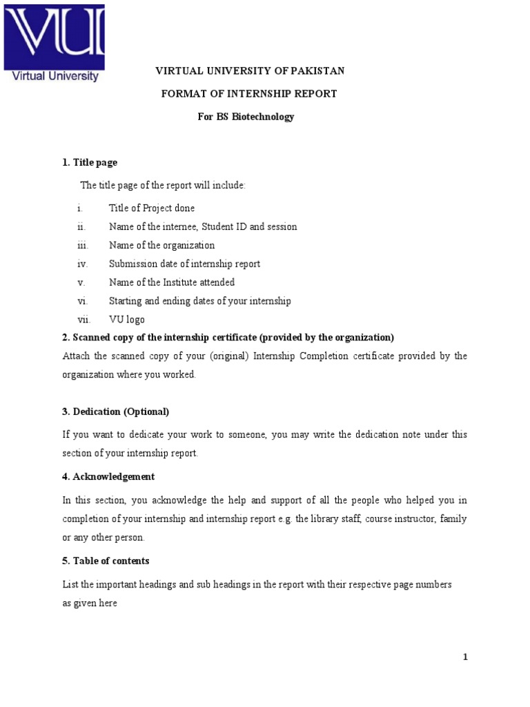 Format of Internship Report for BS Biotechnology | PDF