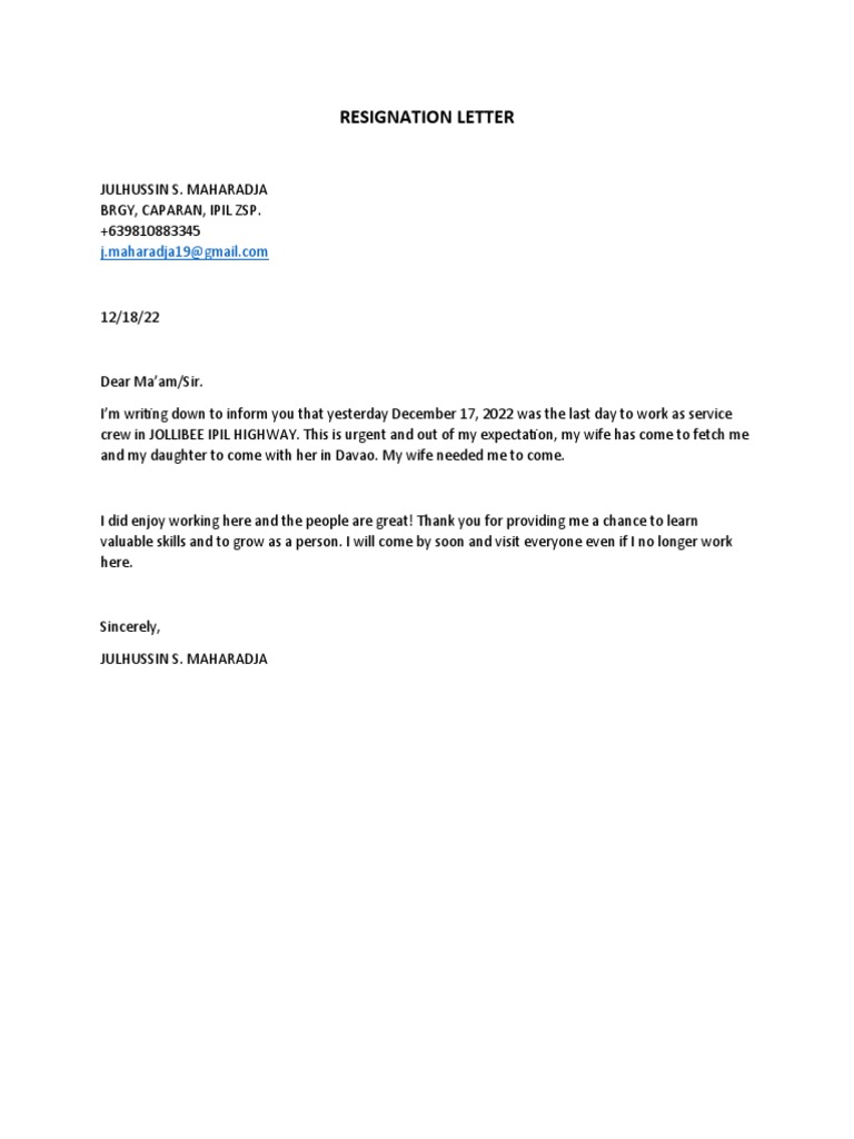 Resignation Letter | PDF
