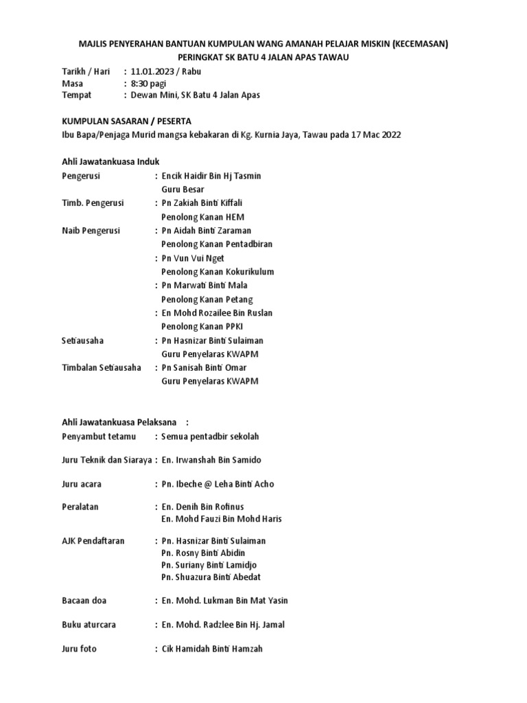 Tentatif Majlis Penyerahan Bantuan Kwapm - Kecemasan | PDF