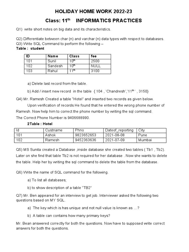 Holiday Homework: SQL & Data Concepts | PDF | Sql | Databases