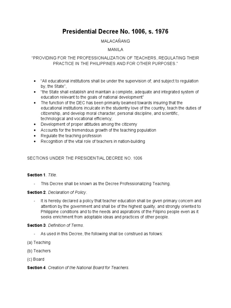Presidential Decree No. 1006 | PDF | Test (Assessment) | Teachers