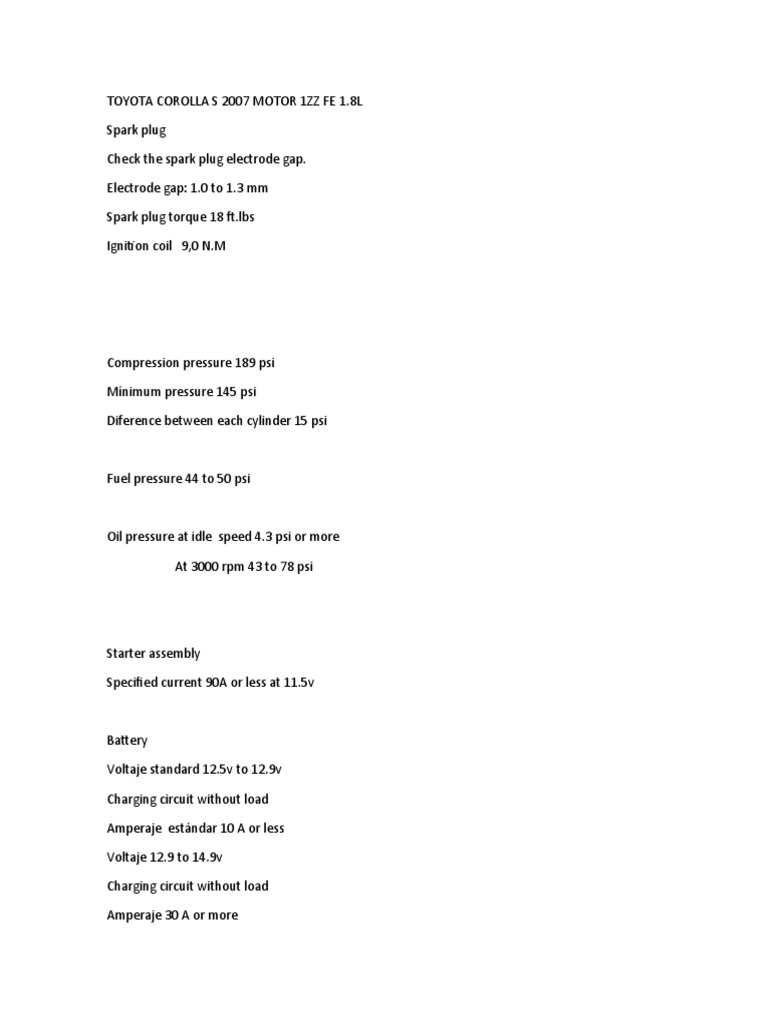 2007 Toyota Corolla S 1ZZ Engine Specs | PDF