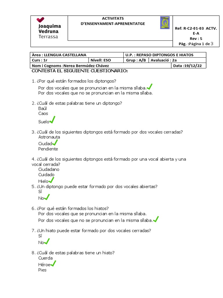 Diptongos e Hiatos en 1º ESO | PDF