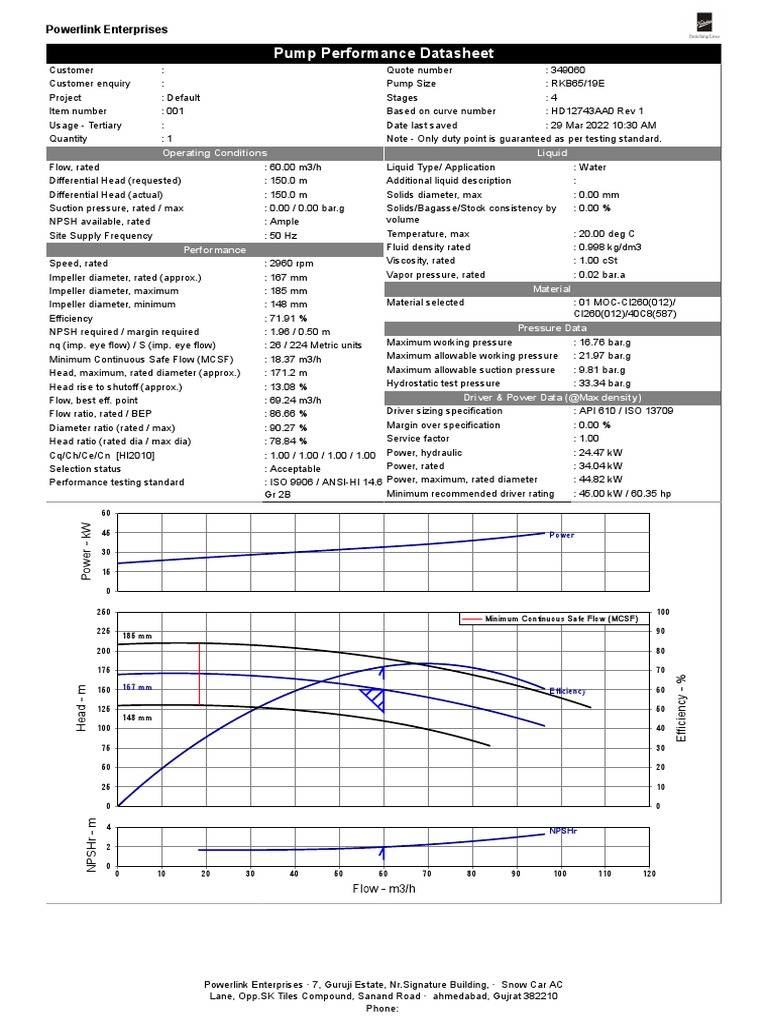 Pump Performance Datasheet: Operating Conditions Liquid | PDF | Pump | Classical Mechanics