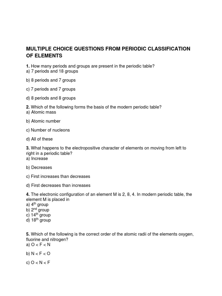 Periodic Classification of Elements MCQs | PDF | Periodic Table ...