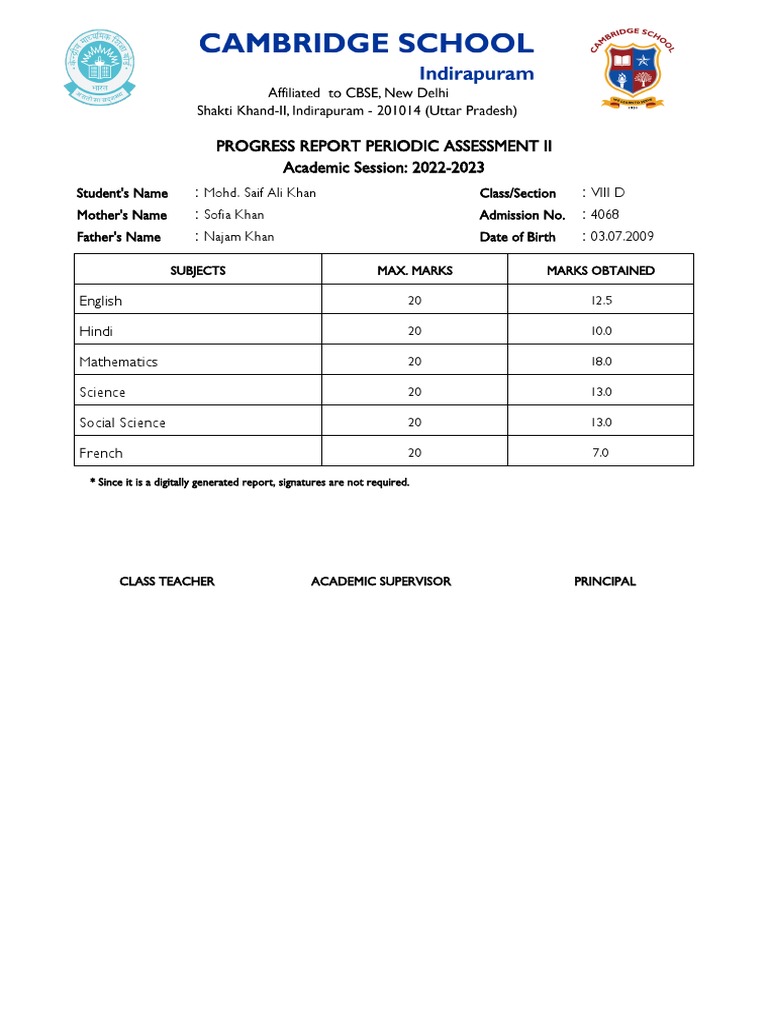 Progress Report Periodic Assessment Ii Academic Session: 2022-2023 | PDF