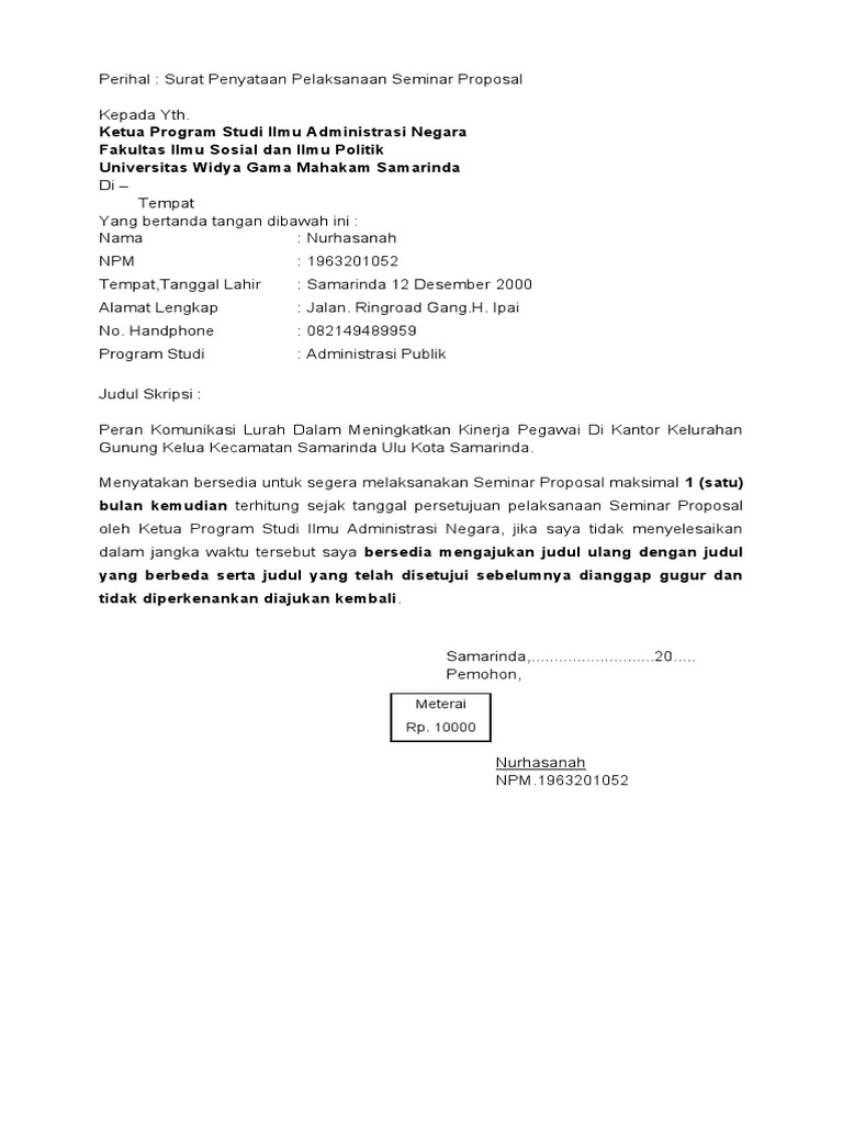 Surat Pernyataan Pelaksanaan Seminar Proposal | PDF