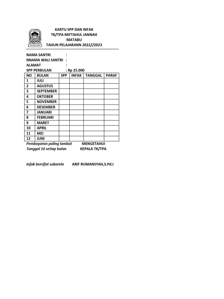 Kartu SPP Dan Infak | PDF