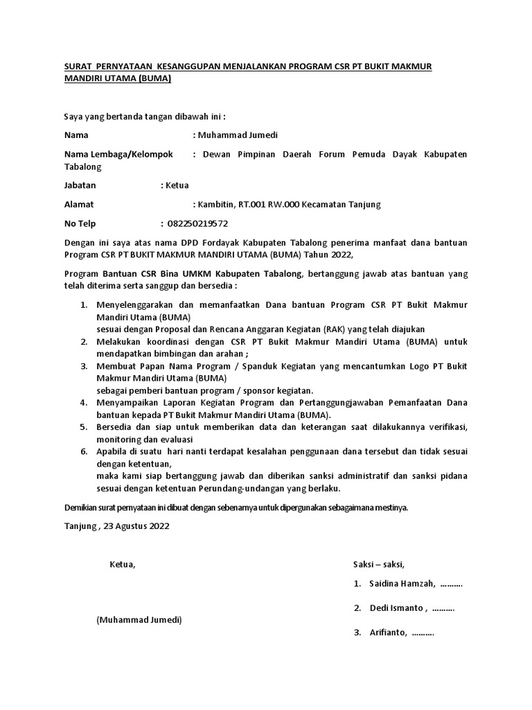 Surat Pernyataan Kesanggupan CSR Buma | PDF