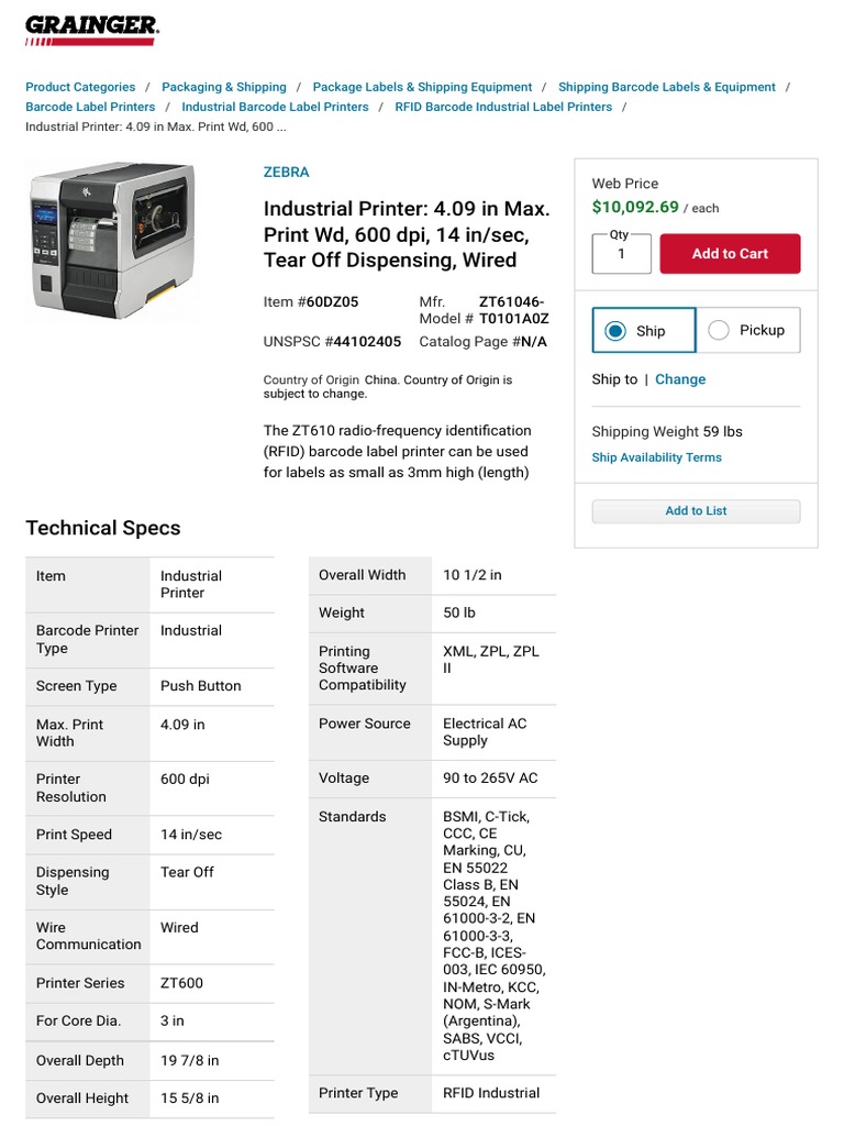 ZEBRA Industrial Printer - 4.09 in Max. Print WD, 600 Dpi, 14 in - Sec ...