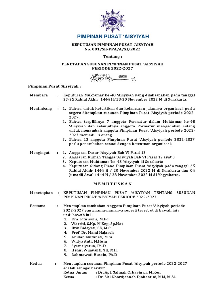 001-SK Penetapan Susunan Pimpinan Pusat 'Aisyiyah Periode 2022-2027 | PDF