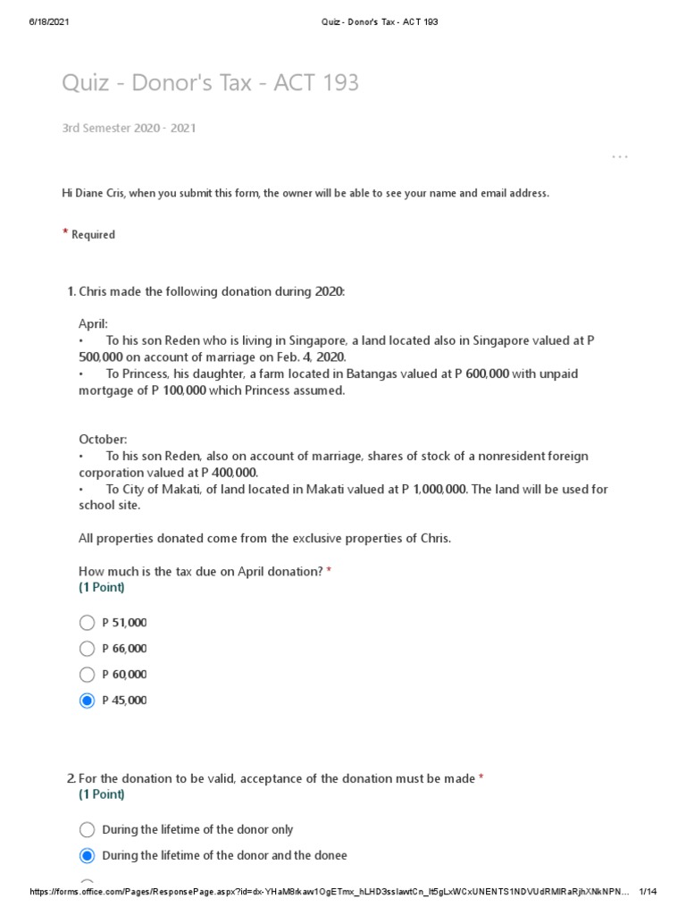 Donor's Tax Quiz - ACT 193 | PDF | Taxes | Donation