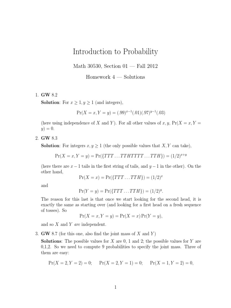 Introduction To Probability: Math 30530, Section 01 - Fall 2012 Homework 4 - Solutions | PDF ...