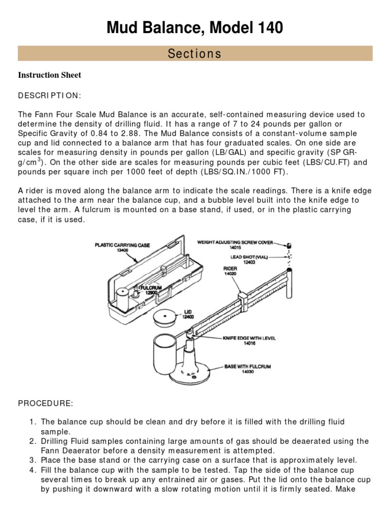 Mud Balance, Model 140 | PDF | Weighing Scale | Density