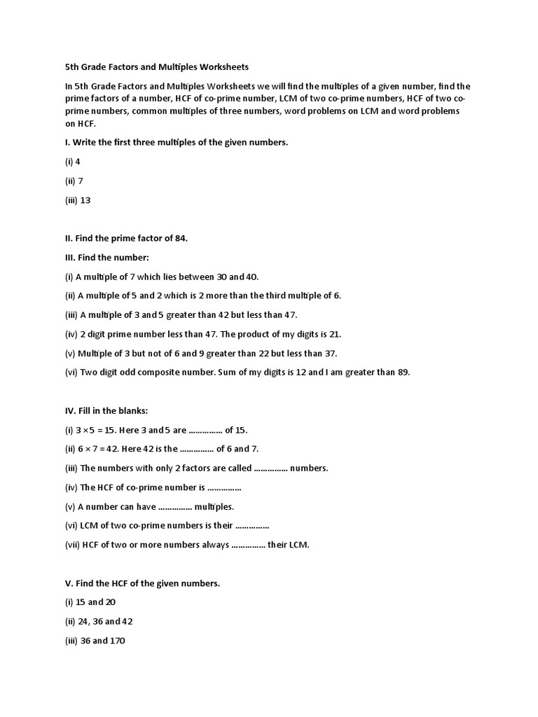 5th Grade Factors And Multiples Worksheets Pdf Numbers Elementary