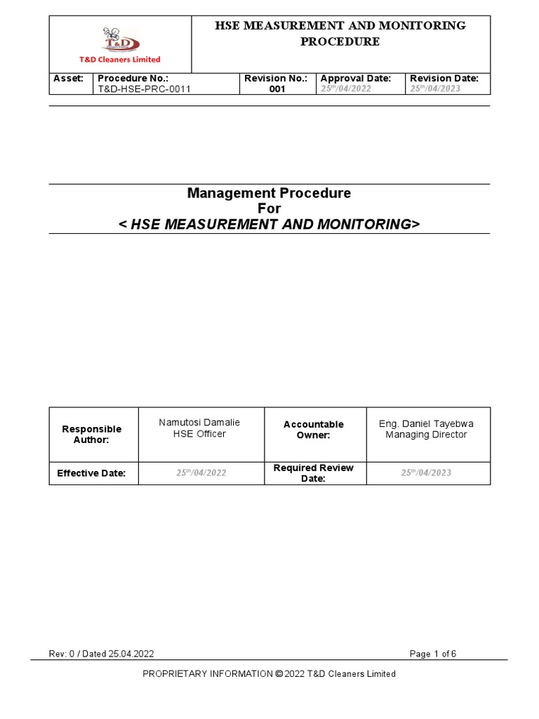 Tandd Hse Prc 0011 Hse Measurement And Monitoring Procedure Pdf Audit
