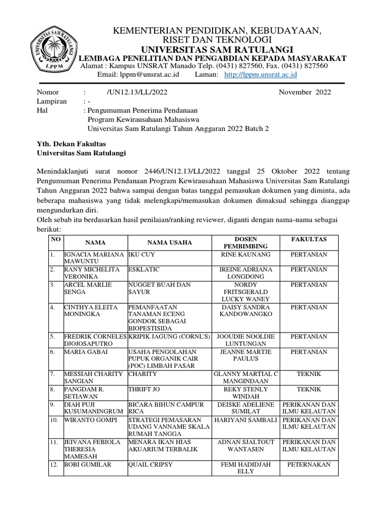 Surat Pemberitahuan Lolos Kewirausahaan 2022 Batch 2 | PDF