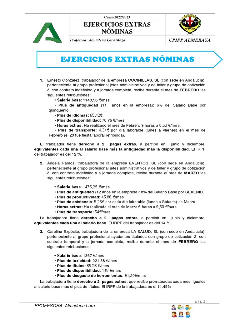 Ejercicios Extras Nóminas | PDF | Salario | Psicología de sistemas