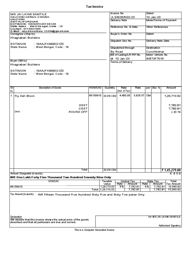 An Accurate Tax Invoice for Fly Ash Blocks Sold to Khagrabari Builders | PDF | Trade | Public ...