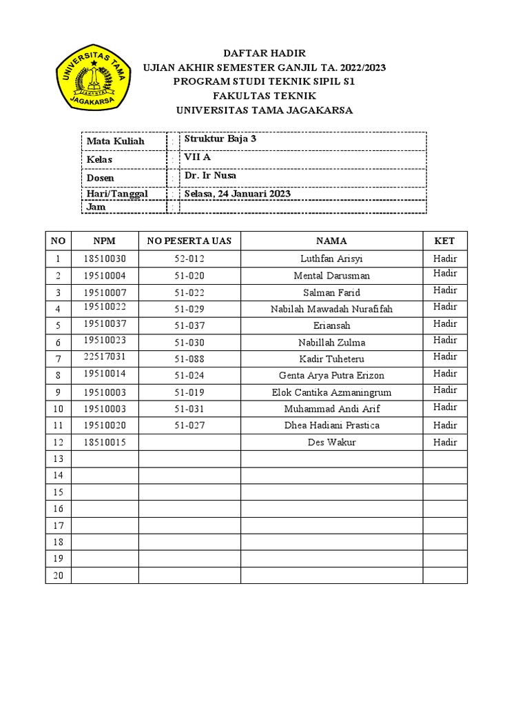 Form Kehadiran Uas Struktur Baja 3 (7a) | PDF