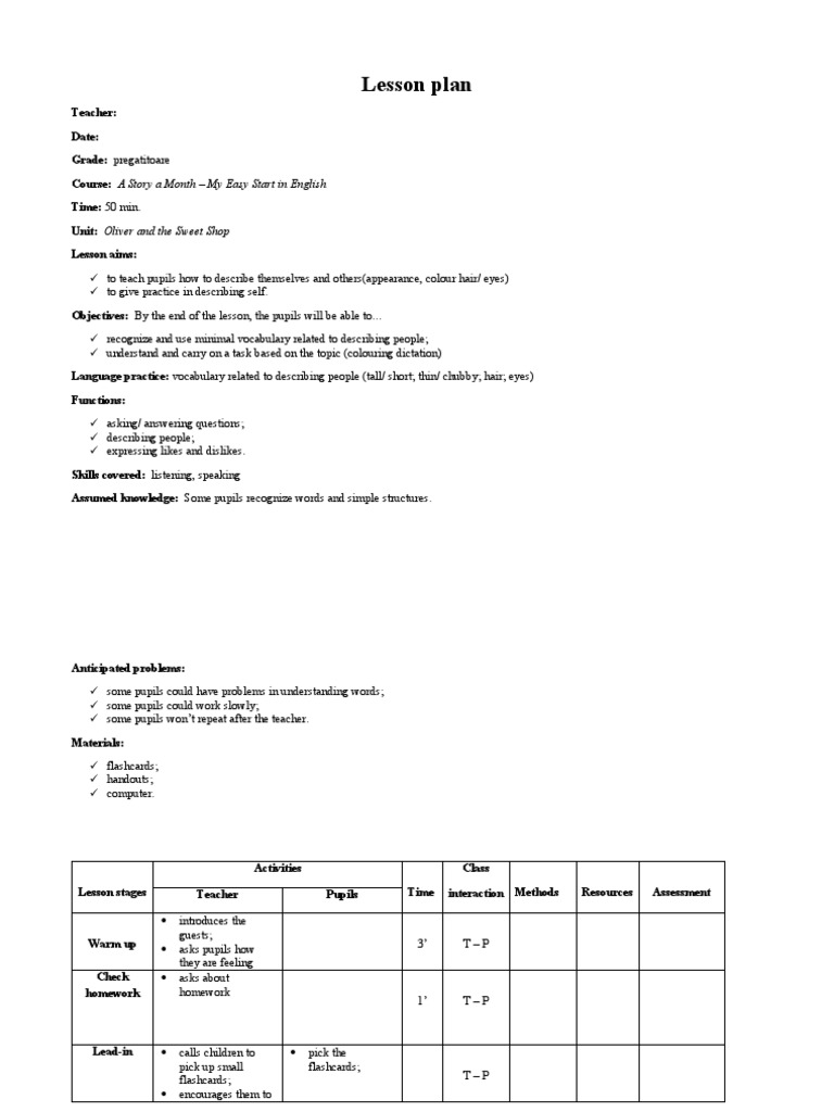 Plan de Lectie Clasa Pregatitoare | PDF | Vocabulary | Teachers