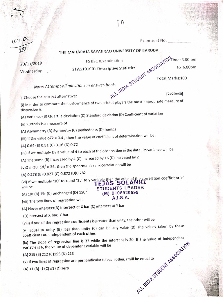 Statistics Sem 1 (Paper 4) | PDF