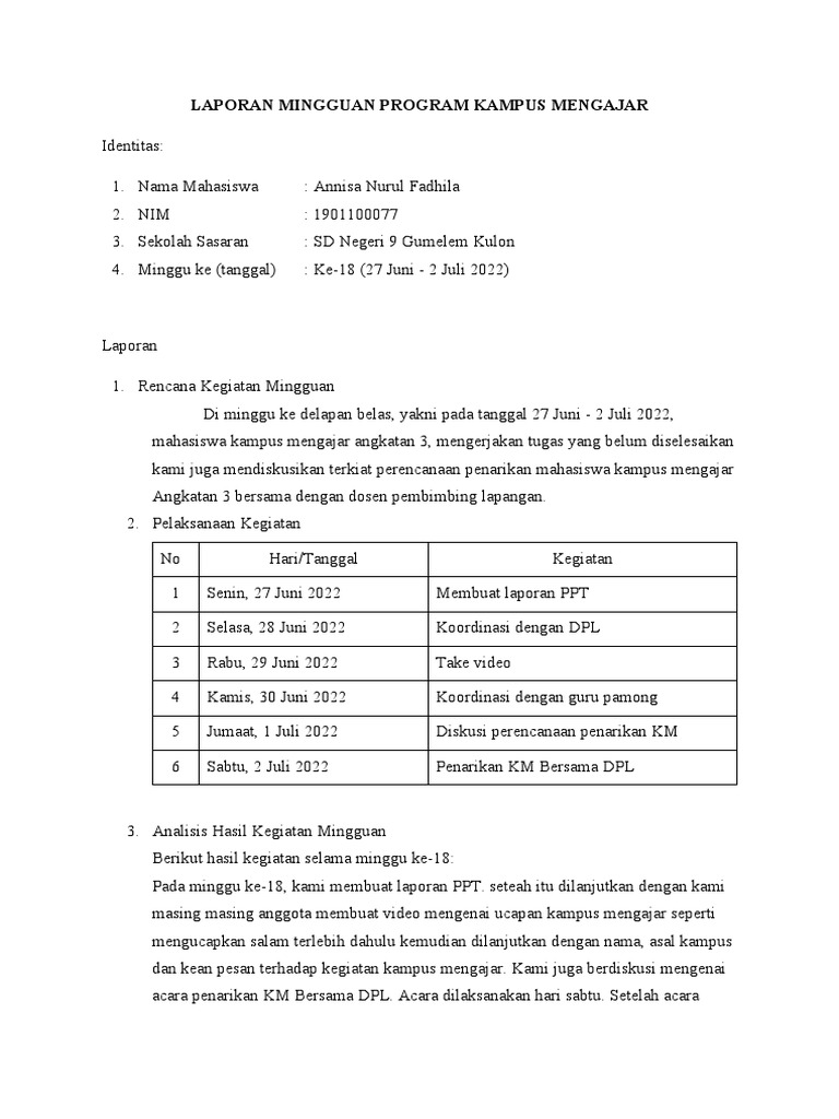 Laporan Mingguan Program Kampus Mengajar | PDF