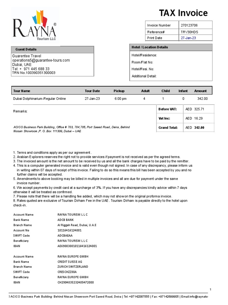 TAX Invoice: Guarentee Travel Dubai, UAE Tel: + 971 445 688 33 | PDF ...