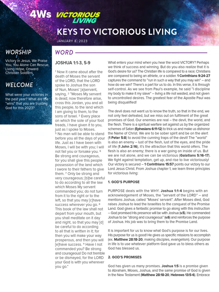 4ws VL Keys To Victorious Living Jan82023 Main | PDF | Joshua | Prayer