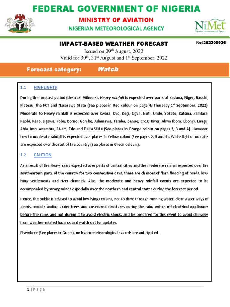 HIGH IMPACT-BASED FORECAST - BULLETIN - Issued On 29 - Augu - 2022 ...