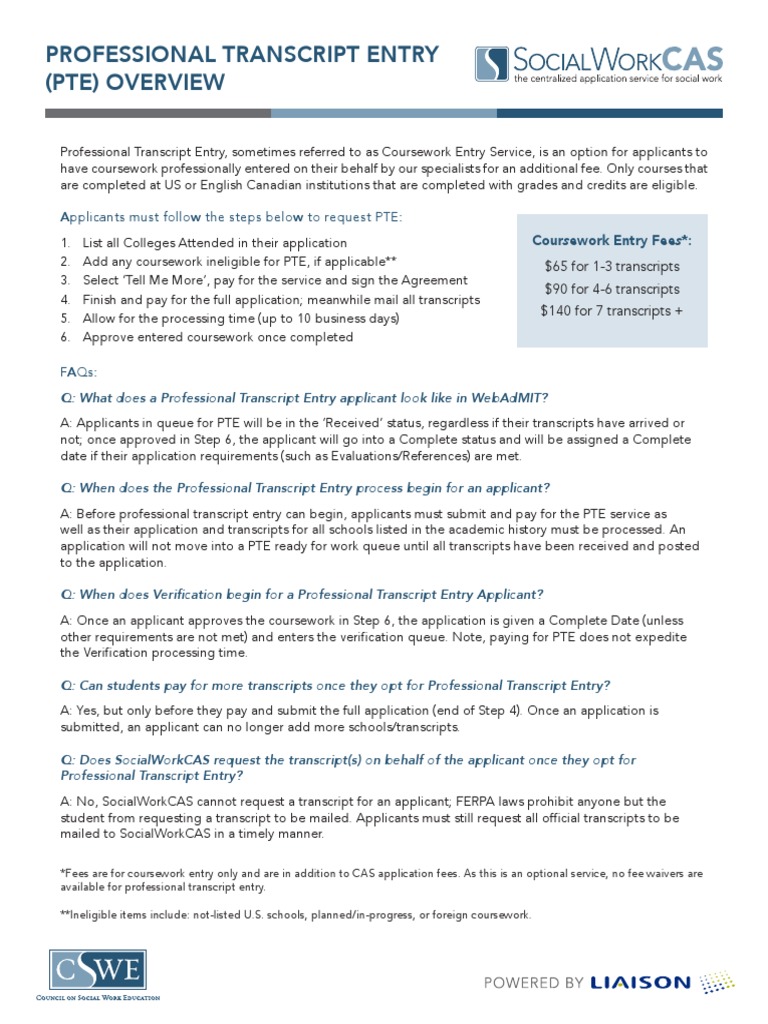 MSW SocialWorkCAS Professional Transcript Entry Overview | PDF