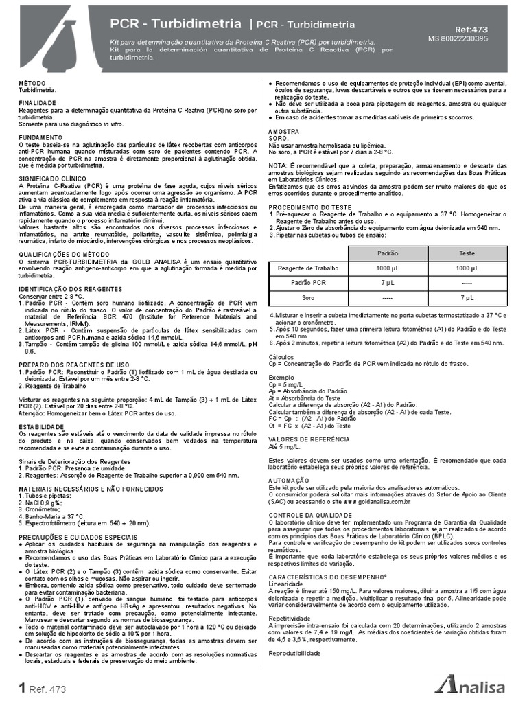PCR Turbidimetria Reactivo Analisa Inserto | PDF | Inflamação | Reação ...