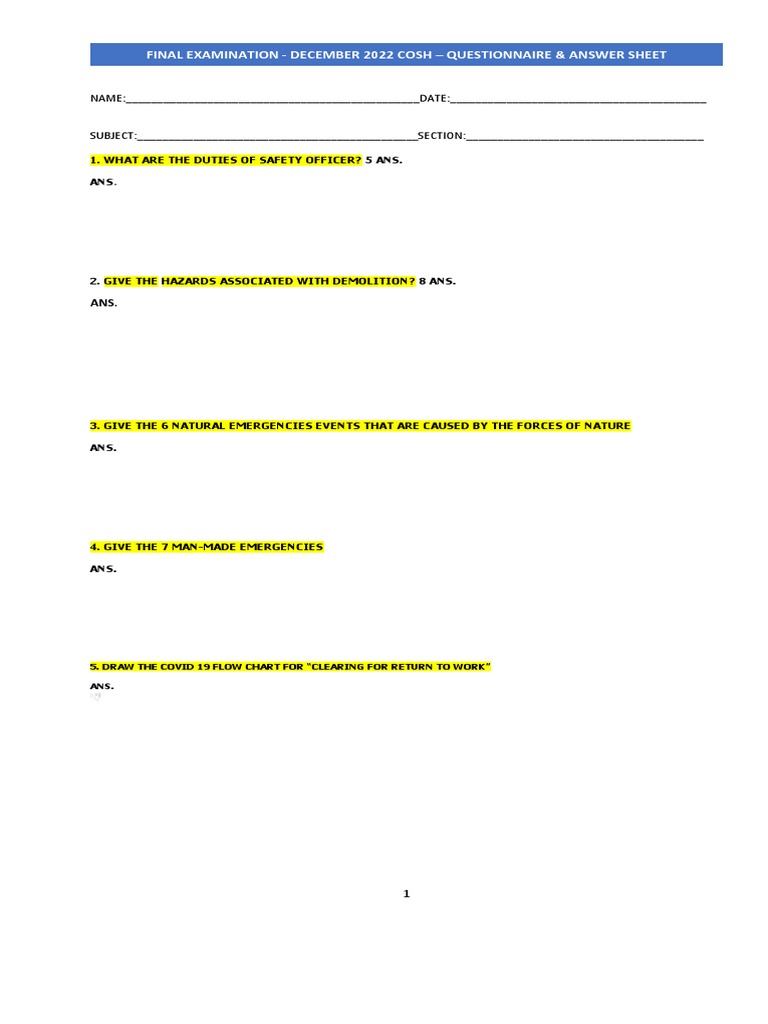 Finals Question Answer Sheet | PDF | Occupational Safety And Health ...
