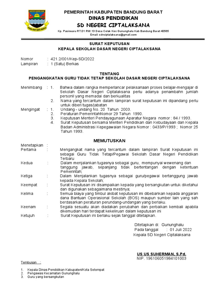 Contoh SK Pengangkatan Guru Honorer | PDF