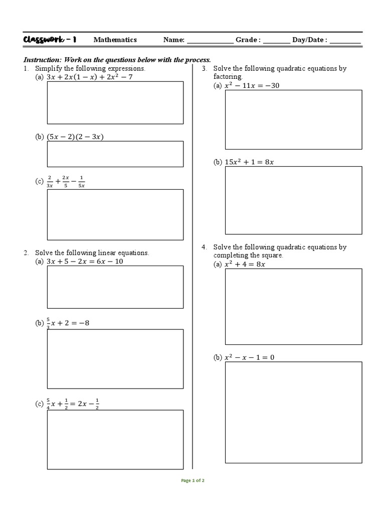 Classwork-1 Mathematics Grade X | PDF | Area | Equations