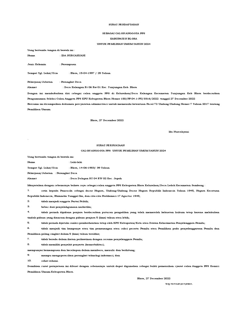 Formulir Pendaftaran PPS KPU Blora | PDF