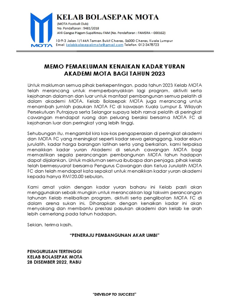 Memo Kenaikan Kadar Yuran Akademi Mota 2023 | PDF