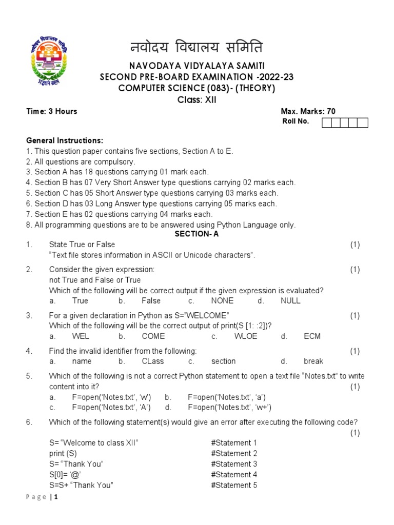 Xii Preboard Ii Computer Science Jan 2023 Pdf Parameter Computer Programming Text File 1213