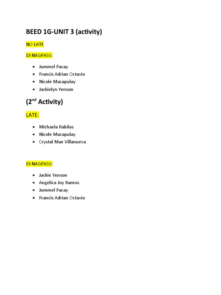 BEED 1G-UNIT 3 (Activity) : Late | PDF