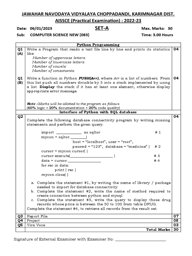 AISSCE Practical 2023 QP CS SET-A | PDF | Databases | Python (Programming Language)