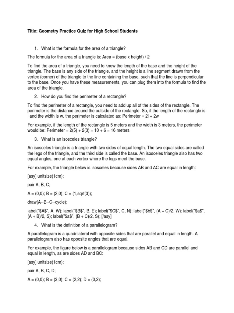 High School Geometry Practice Quiz | PDF | Triangle | Rectangle