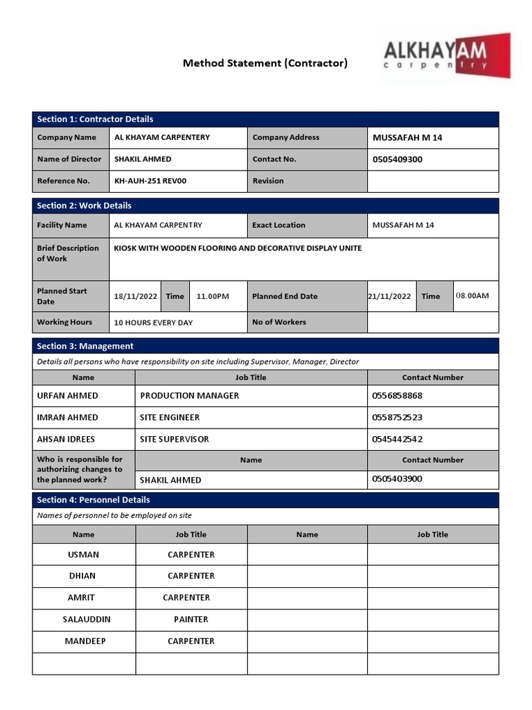 Method Statement (Contractor) (KIOSK) | PDF | Drywall | Personal ...