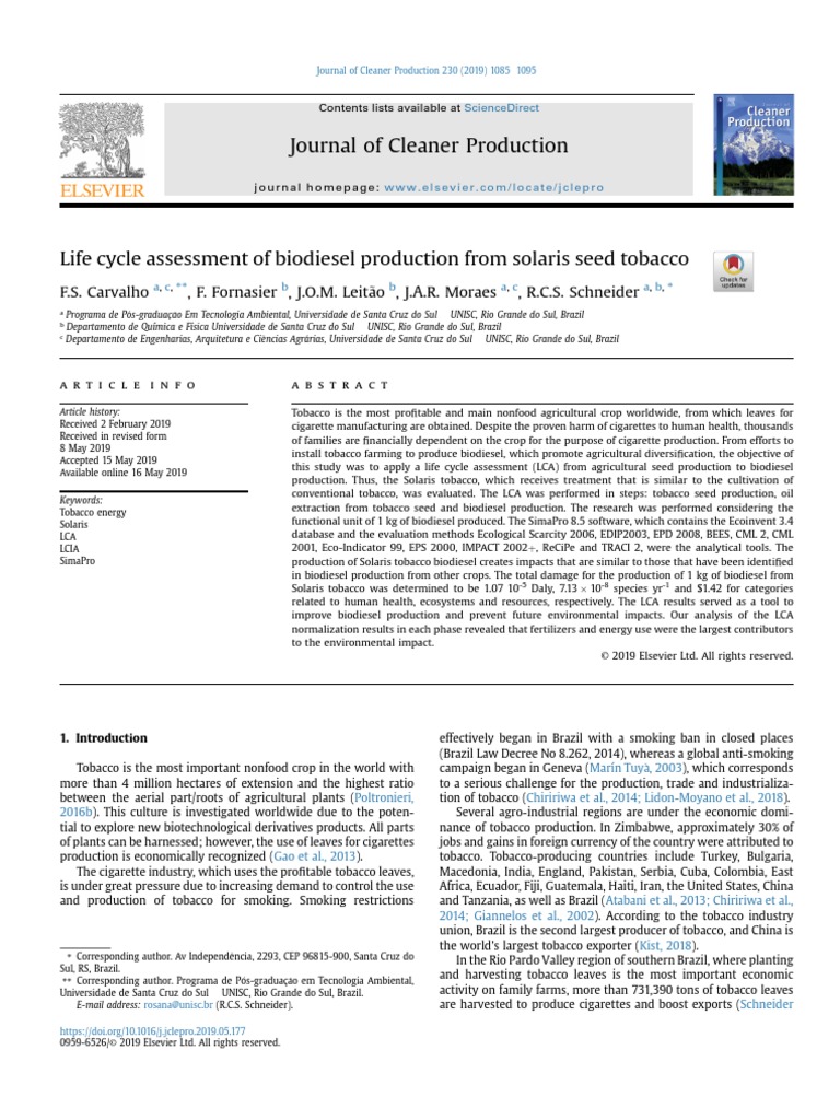 Life Cycle Assessment of Biodiesel Production From Solaris Seed Tobacco | Download Free PDF ...